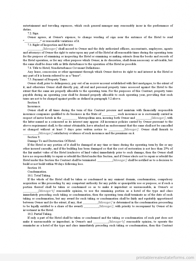 Printable Contracts Of A Hotel Employee - (SAMPLE WORD)
