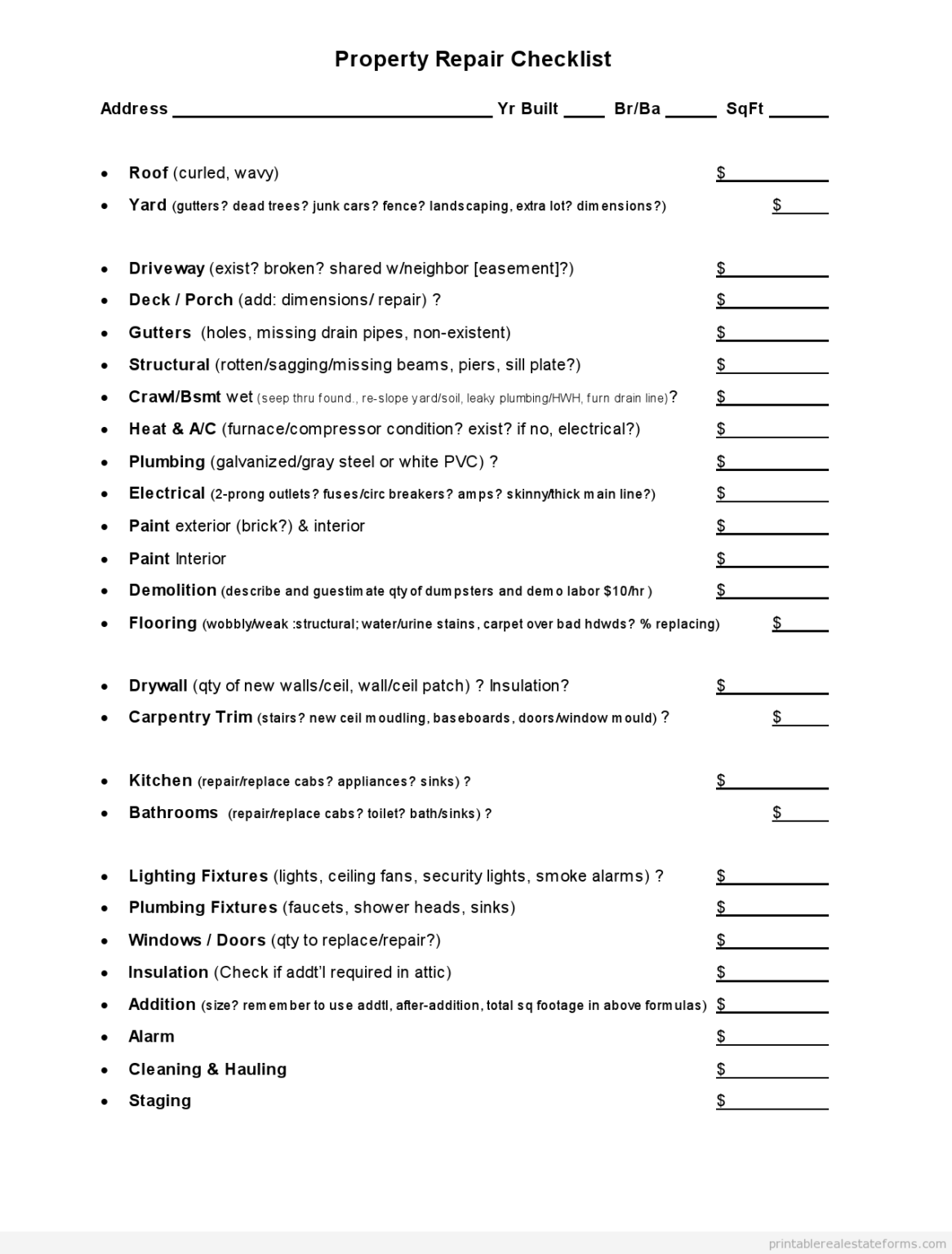 Property Rehab Checklist Template Form - Real Estate