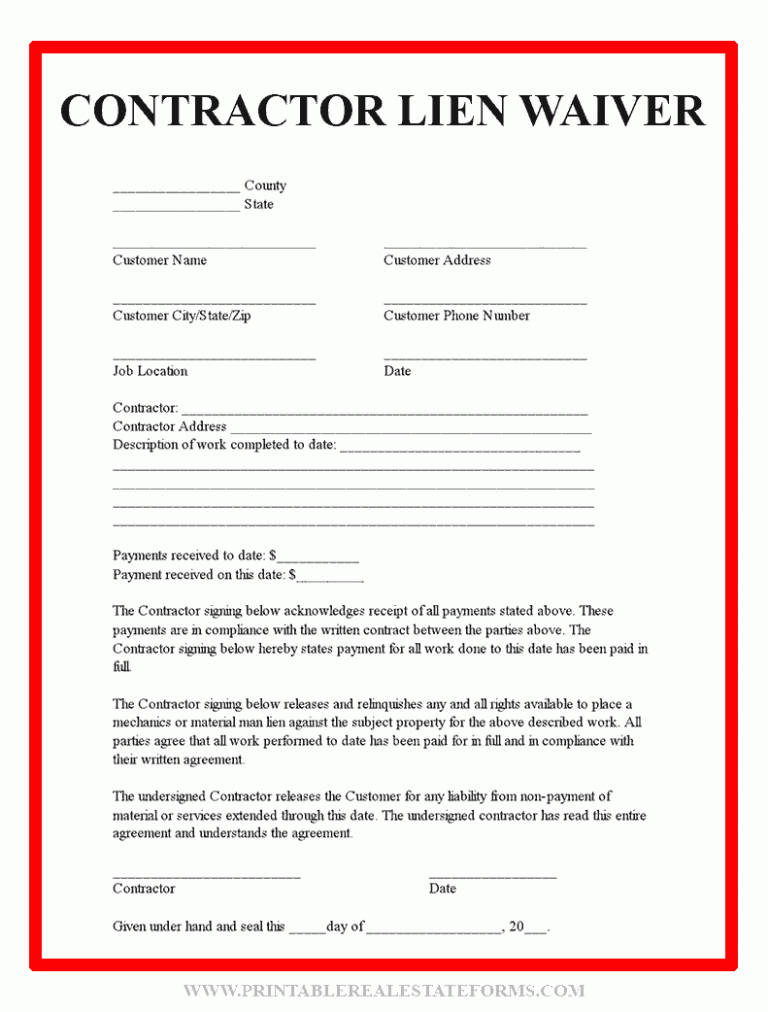 Free Printable Lien Waiver Form (EDITABLE PDF & WORD)