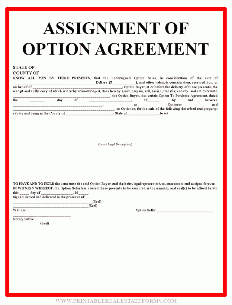 Free Printable Assignment Of Option Agreement Form(PDF)